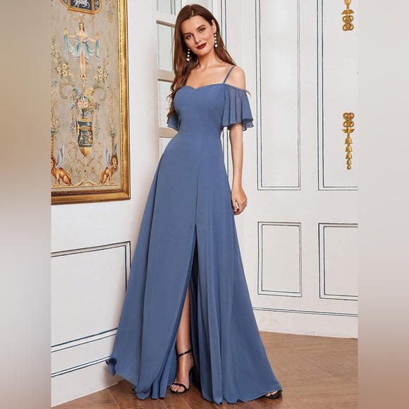 Ever Pretty | Dresses | Dusty Blue Ever Pretty Cold Shoulder Flare ...